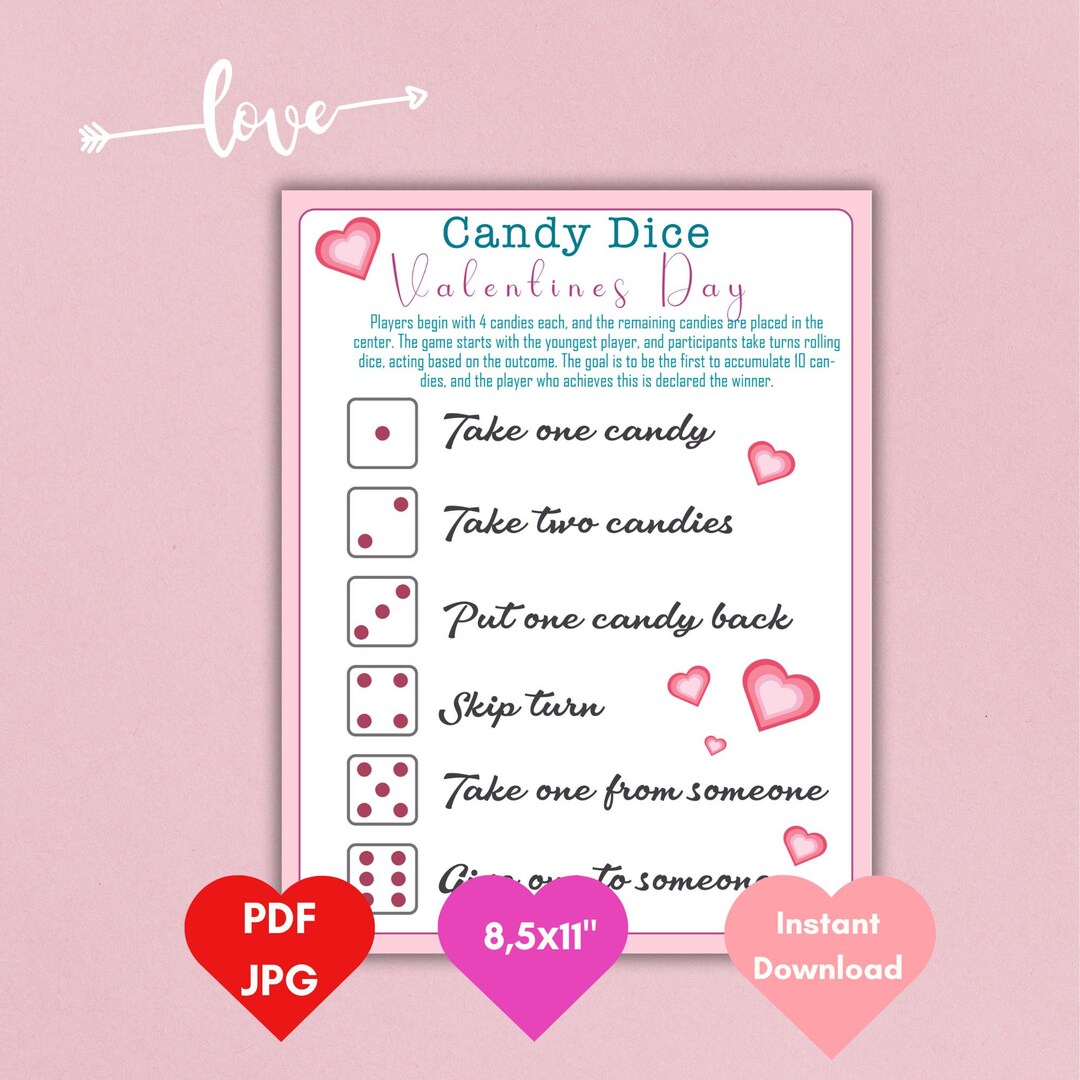 Candy Dice Game Valentine's Day Printable Game for Girls Teen Birthday ...