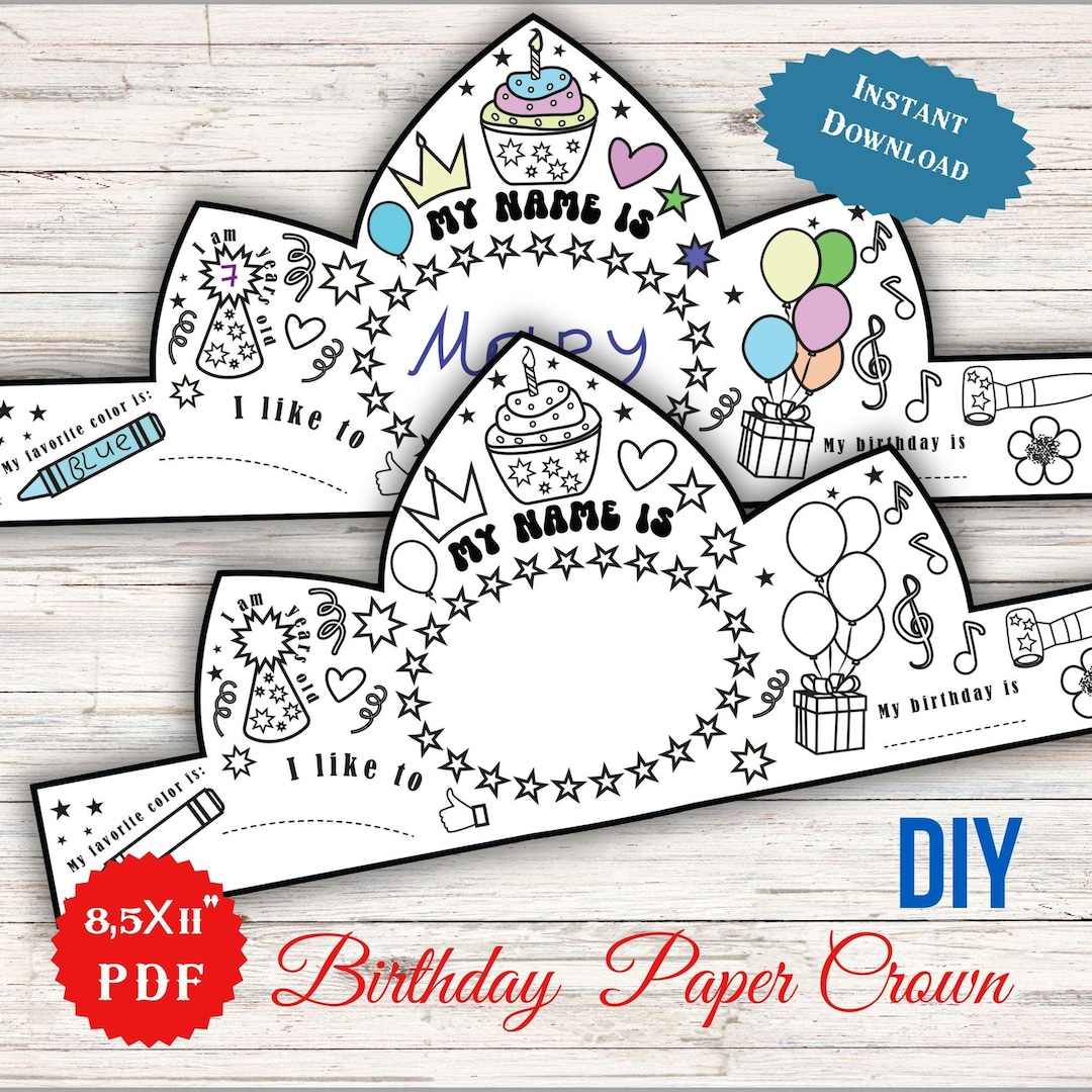 Birthday Paper Crown, Coloring Craft Printable Crown,princess Preschool ...