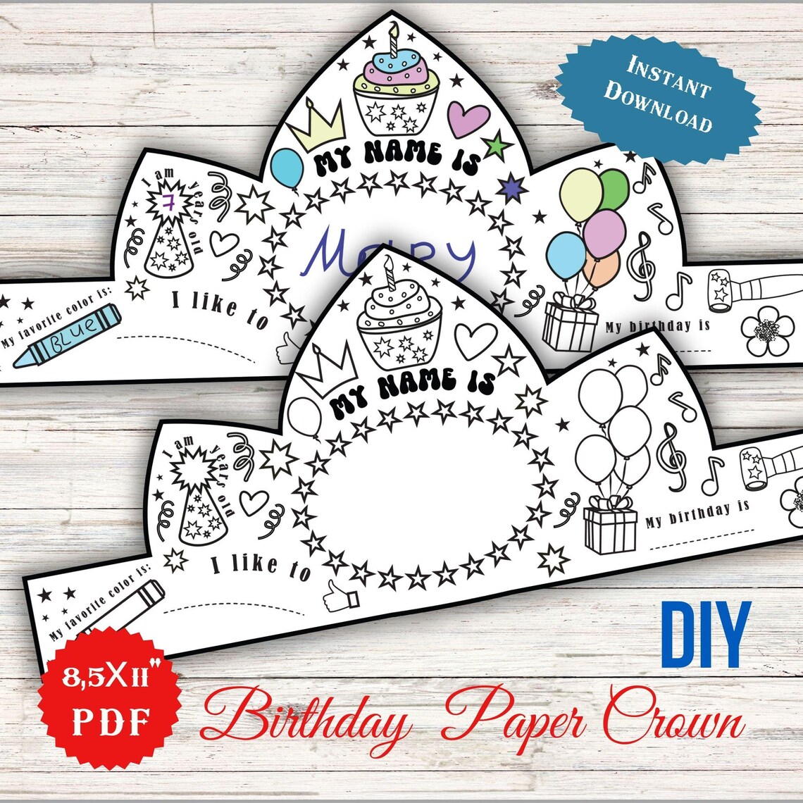 Birthday Paper Crown, Coloring Craft Printable Crown,princess Preschool ...