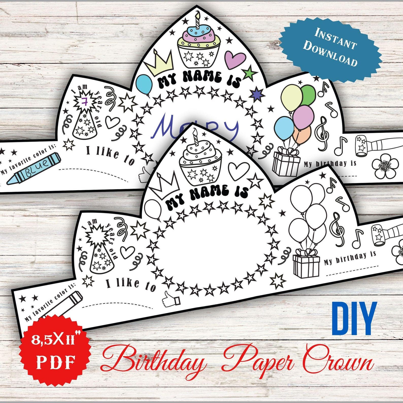 Birthday Paper Crown, Coloring Craft Printable Crown,princess Preschool ...