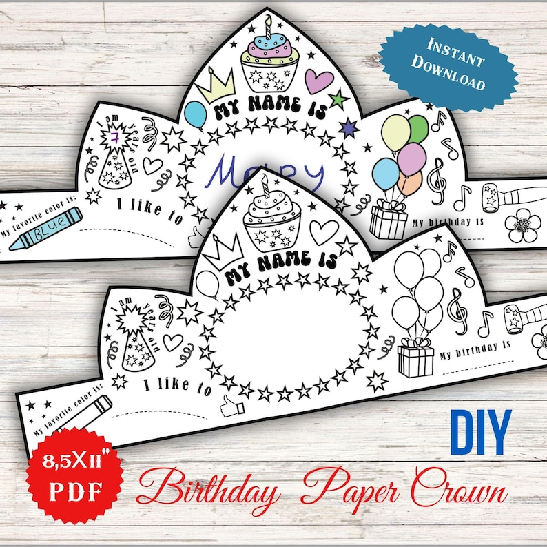 Birthday Paper Crown, Coloring Craft Printable Crown,princess Preschool ...