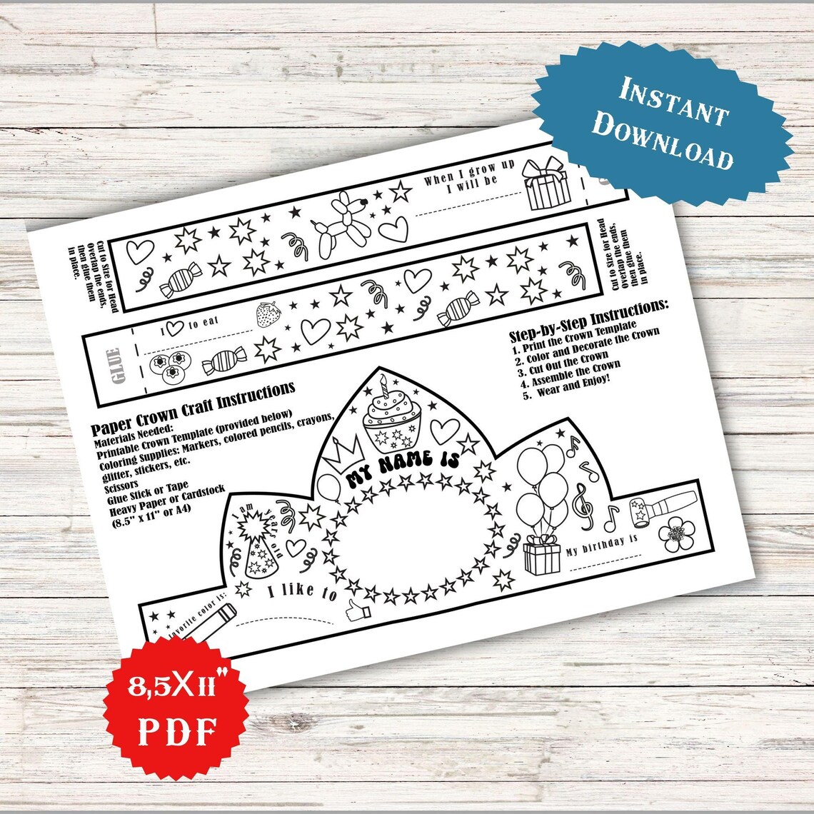 Birthday Paper Crown, Coloring Craft Printable Crown,princess Preschool ...