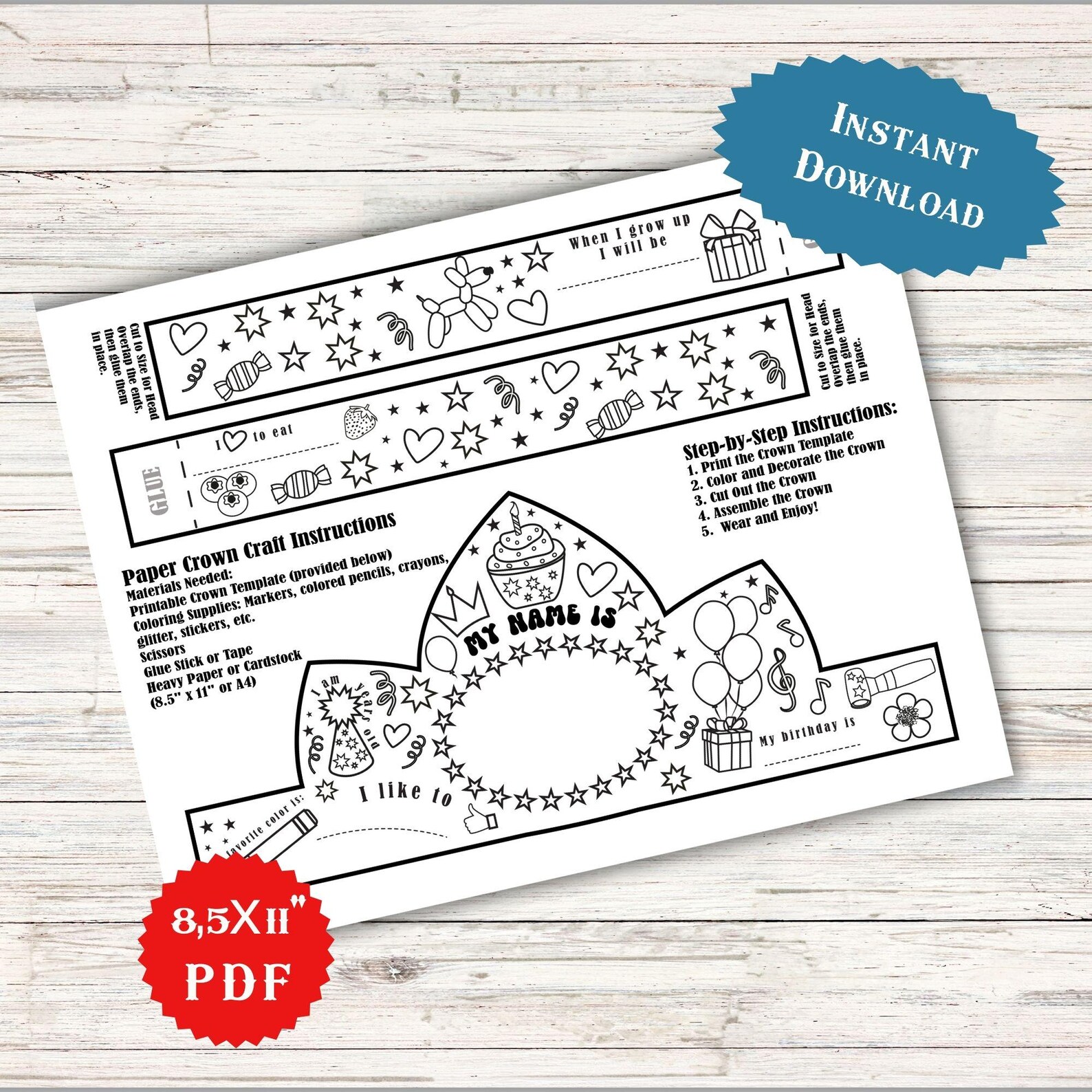 Birthday Paper Crown, Coloring Craft Printable Crown,princess Preschool ...