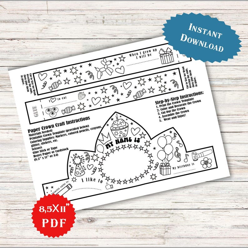 Birthday Paper Crown, Coloring Craft Printable Crown,princess Preschool ...