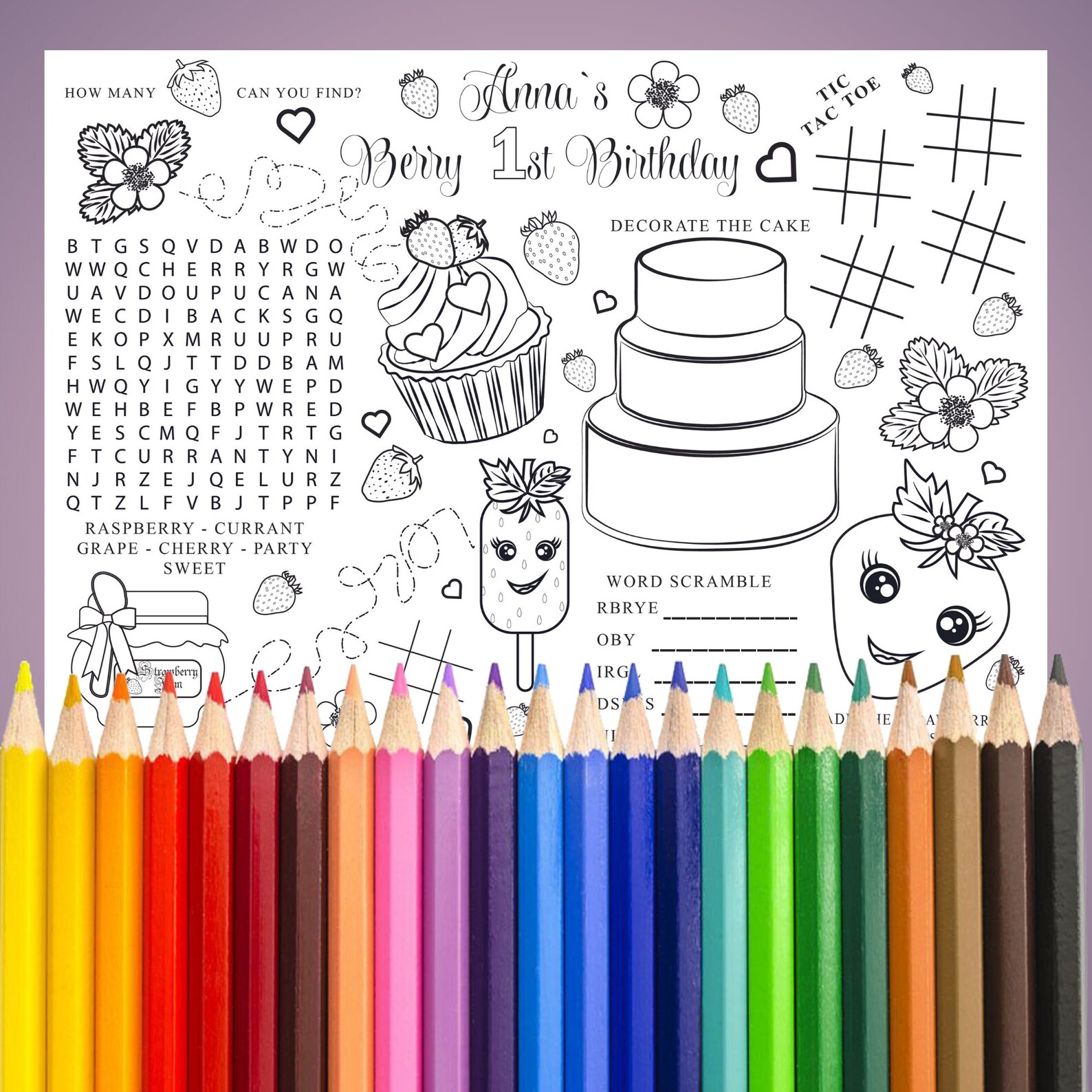 Strawberry Personalized Birthday Party Placemat, First Birthday Party ...