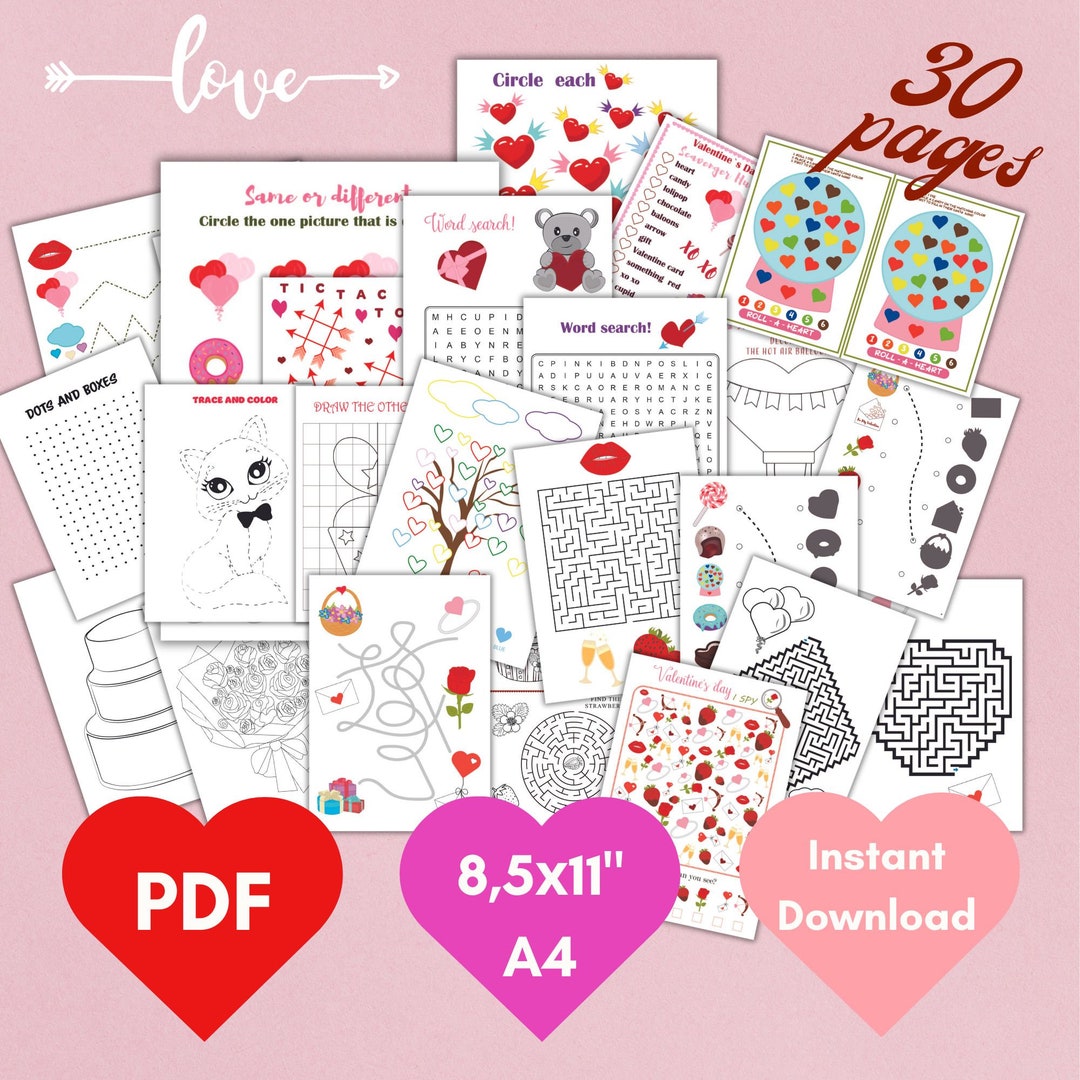 30 Kids Printable Activity Games Sheets Bundle, Roll a Heart, Word ...