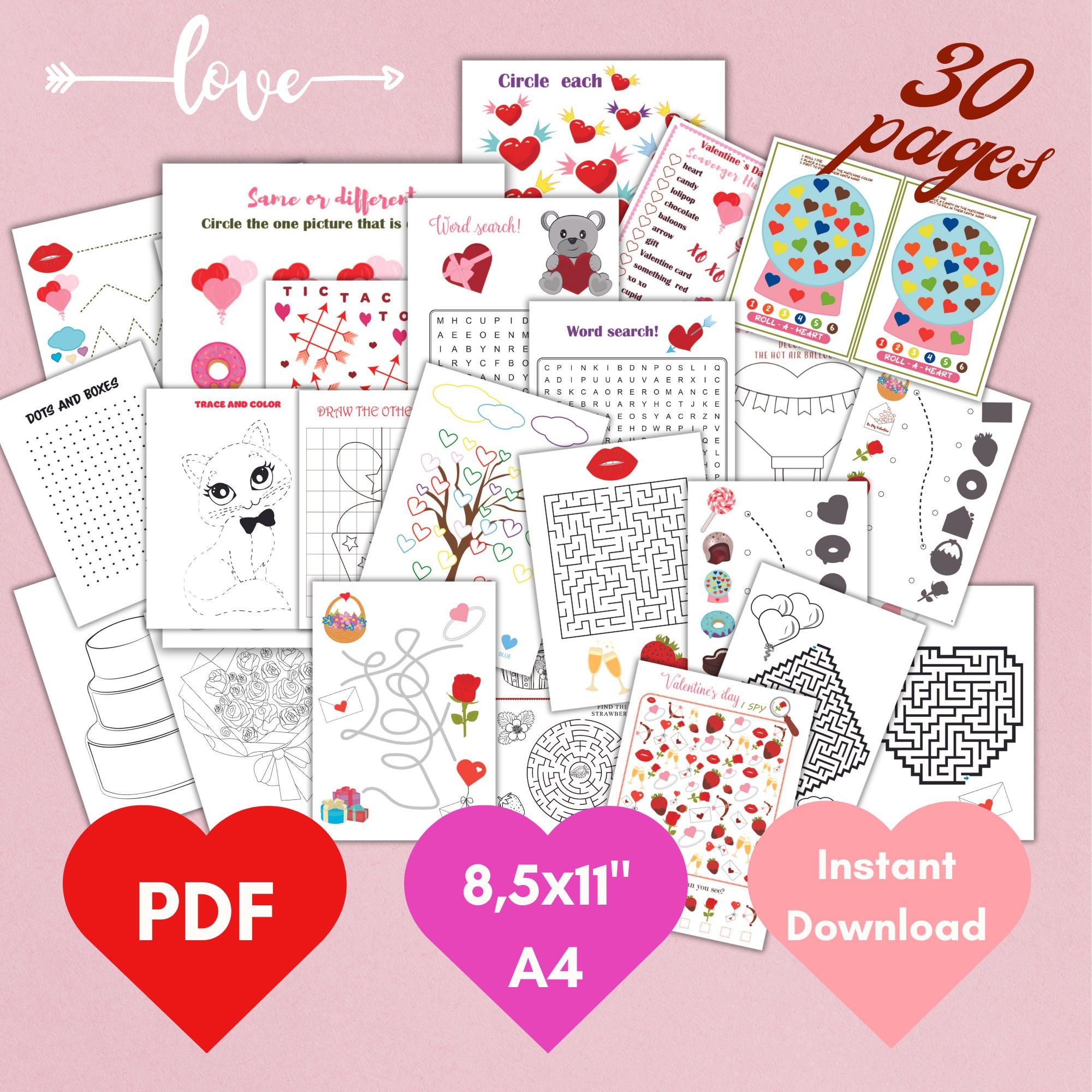 30 Kids Printable Activity Games Sheets Bundle, Roll a Heart, Word ...