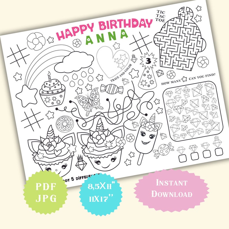 Personalised Unicorn Coloring Placemat Donut Sweet Party Activity Page ...