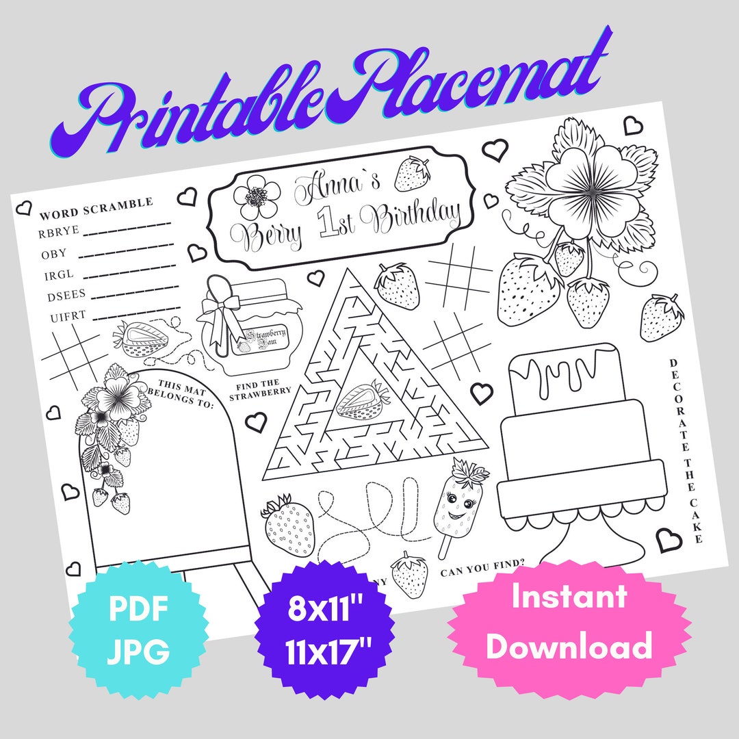 Personalized Strawberry Birthday Party Placemat, First Birthday Party ...