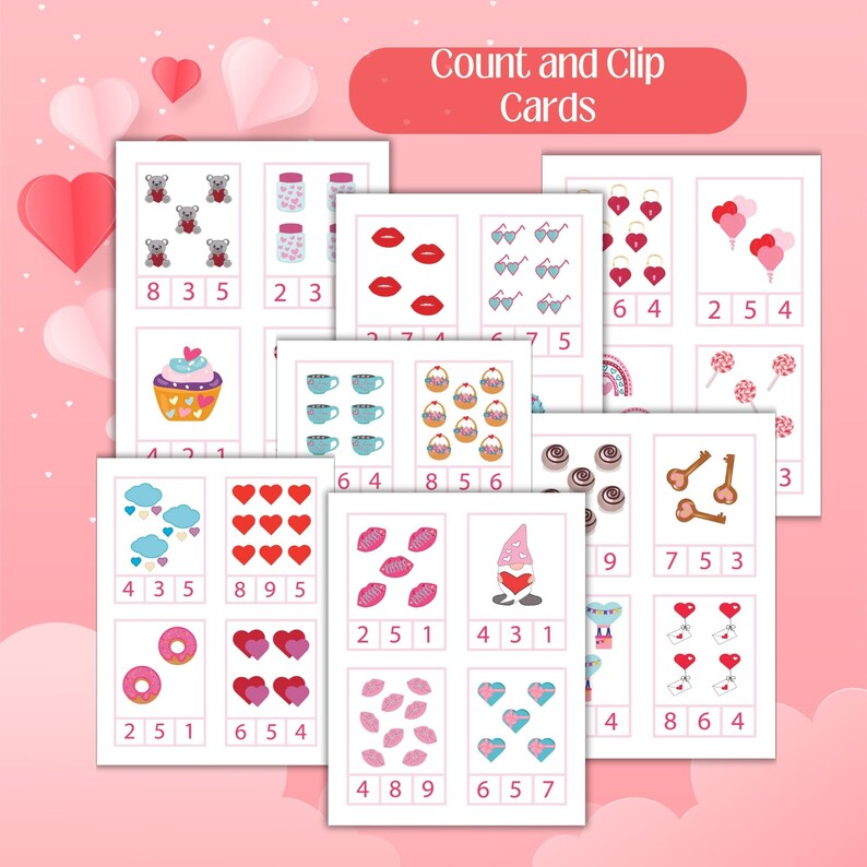 Valentine's Day Hearts Count and Clip Flash Cards, Preschool Montessori ...