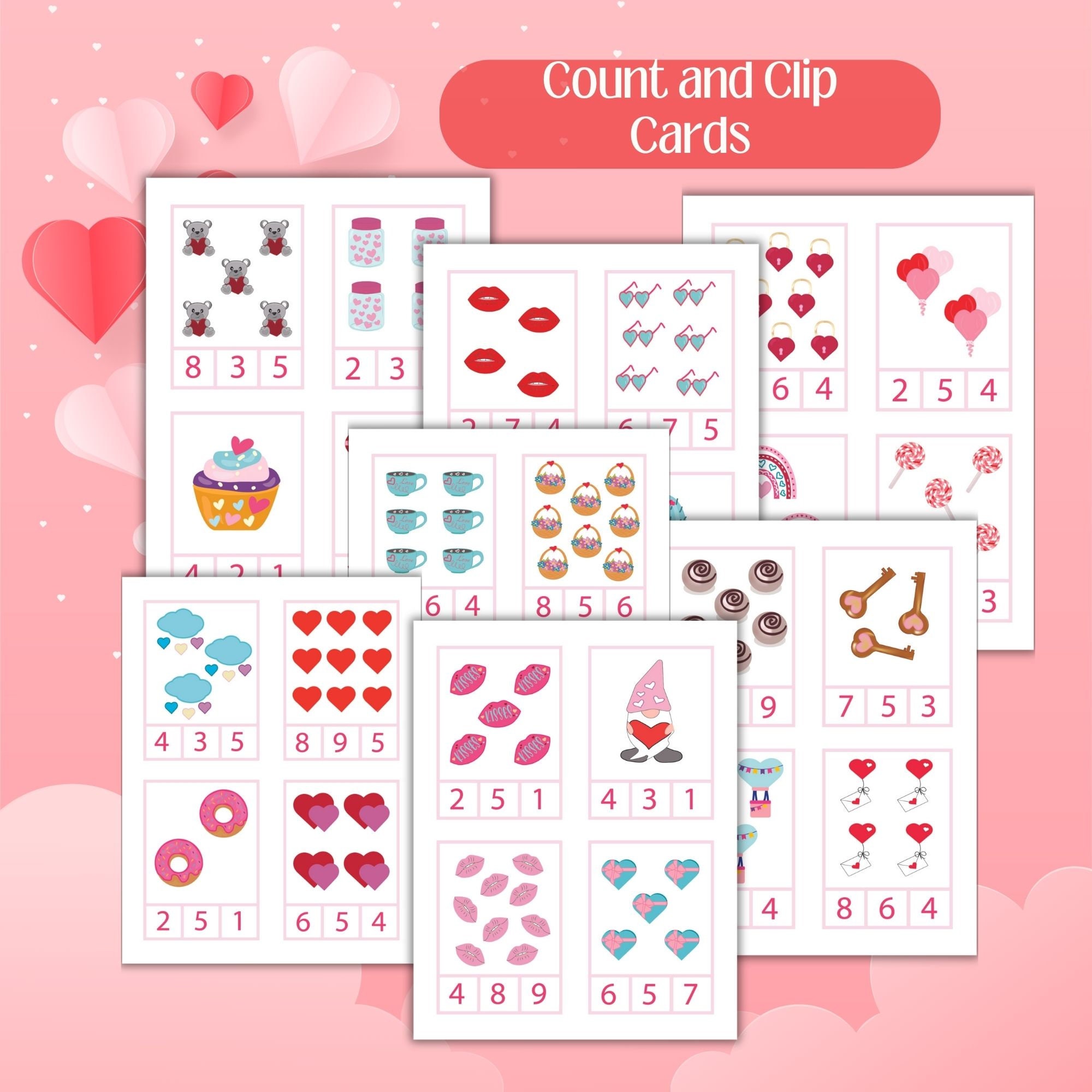 Valentine's Day Hearts Count and Clip Flash Cards, Preschool Montessori ...