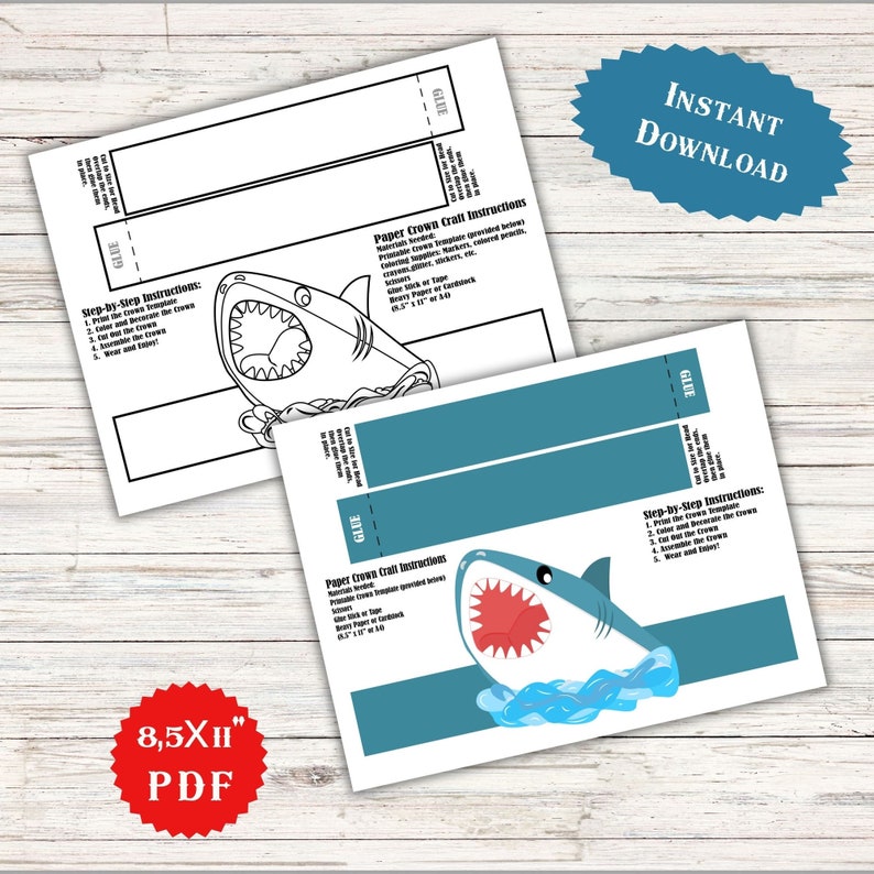 Great White Shark Coloring Paper Craft Printable Crown Shark Hat for ...
