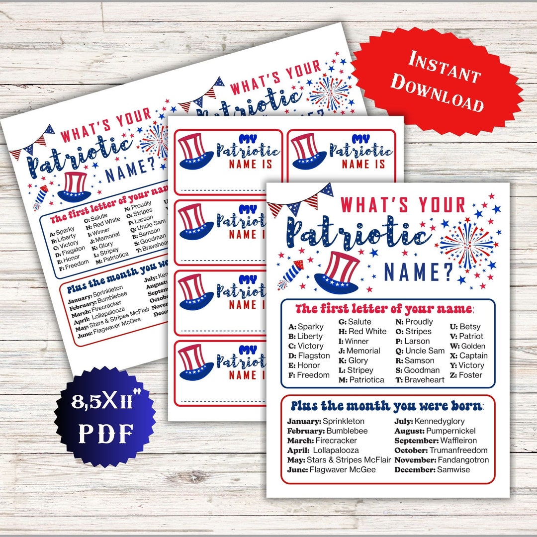 Whats Your Patriotic Name 4th of July Classroom Picnic Idea Game for ...