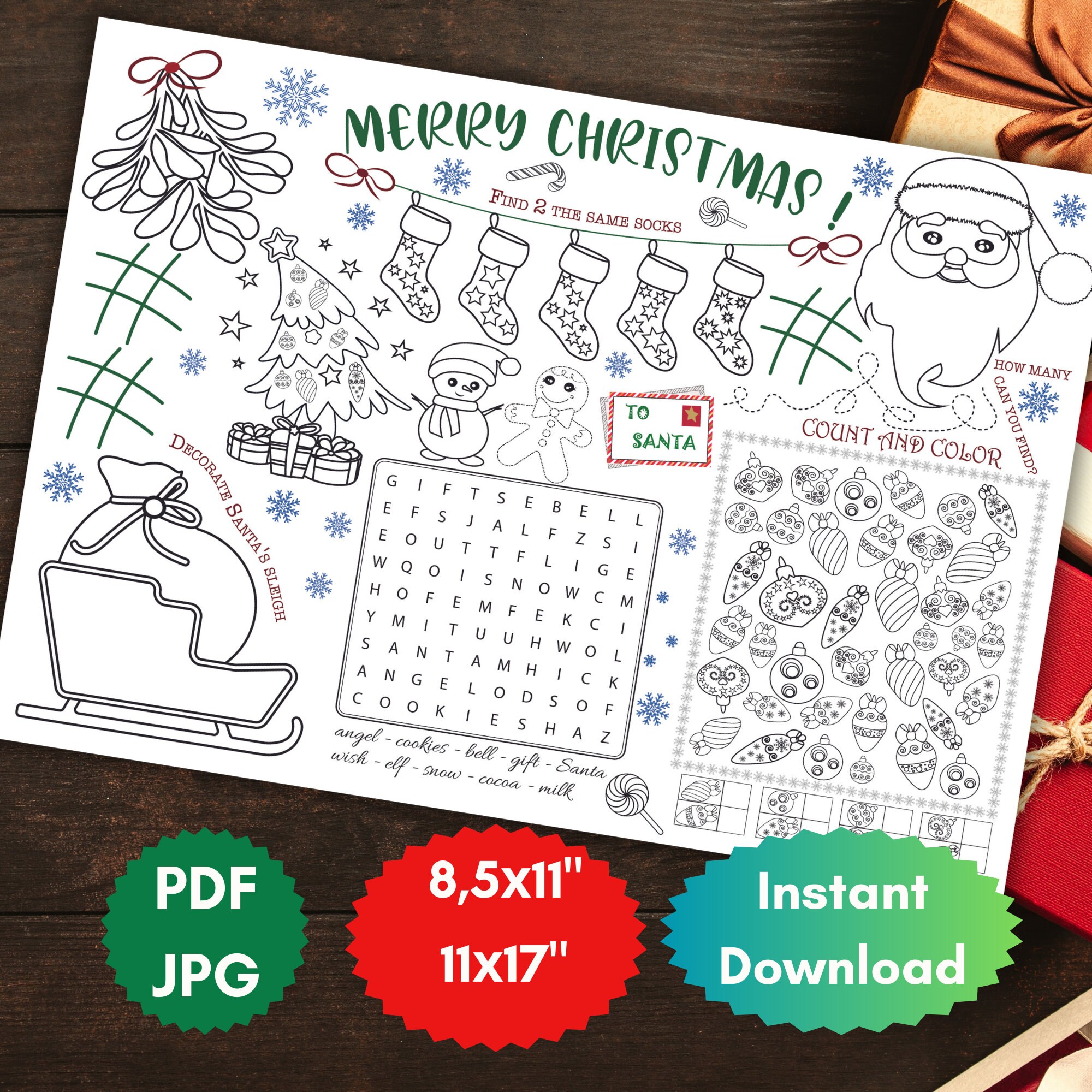Santa Christmas Activity Coloring Page, Santa Letter Placemat, Stocking ...