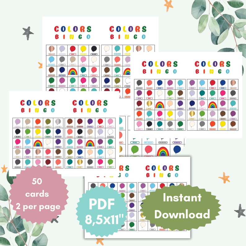 50 Color Bingo Cards Colors Learning Bingo Game Preschool Printable ...