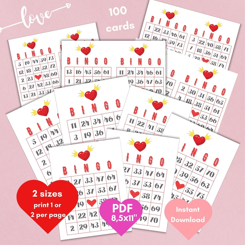 100 Bingo Cards, Valentine's Day Bingo Game, Wedding Game for Kids ...