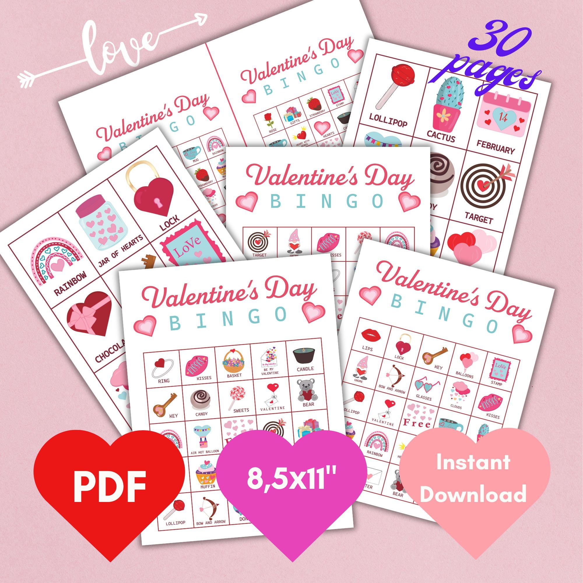 Fun Valentine's Day Bingo Game, Family Game Kid's, Adults Activities 30 ...