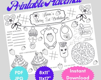 Strawberry Personalized Birthday Party Placemat, First Birthday Party ...