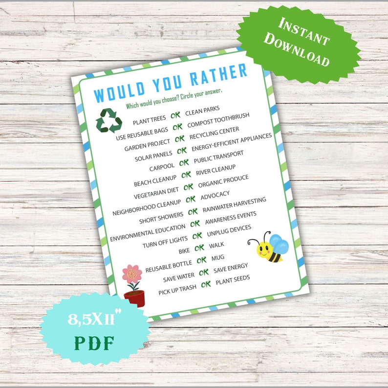 Would You Rather Earth Day Game Classroom Activities Teen Birthday ...