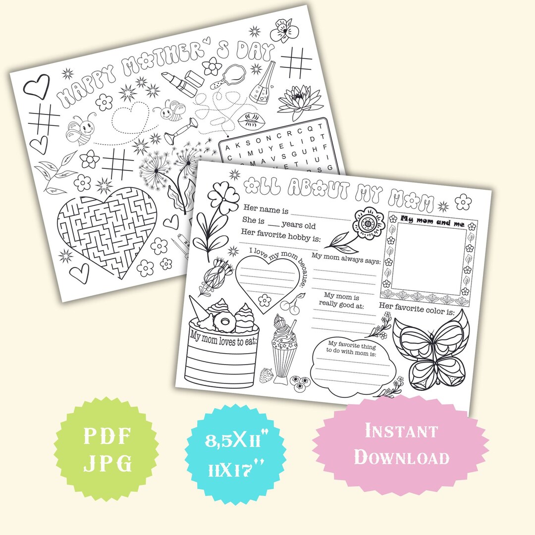 Mother's Day Activity Coloring Page Placemat About Mom Printable Gift ...
