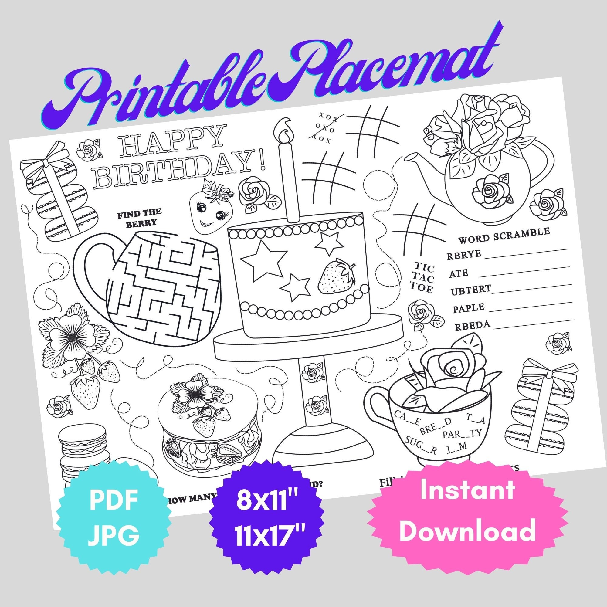 Tea Party Activity Sheet, Baking Coloring Placemat Shower Game ...