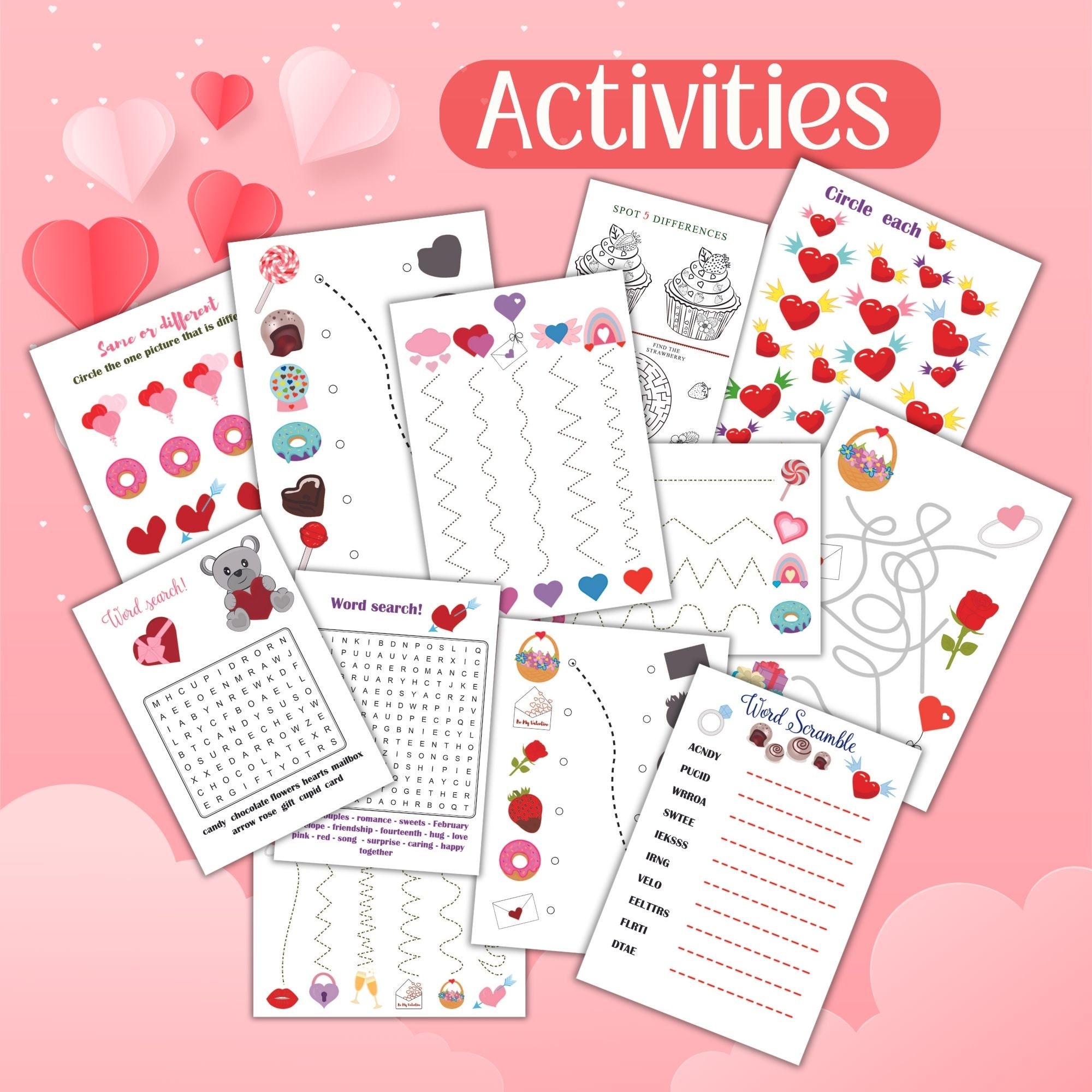 30 Kids Printable Activity Games Sheets Bundle, Roll a Heart, Word ...