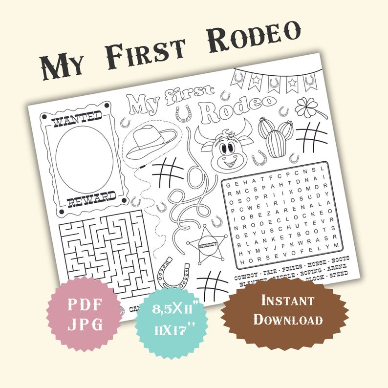 My First Rodeo Activity Coloring Page Western Birthday Party Placemat ...