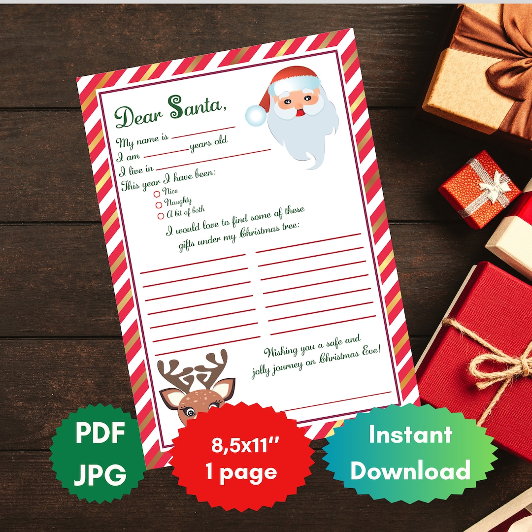 Kids Letter to Santa Template, Christmas Printable (digital PDF) - Etsy