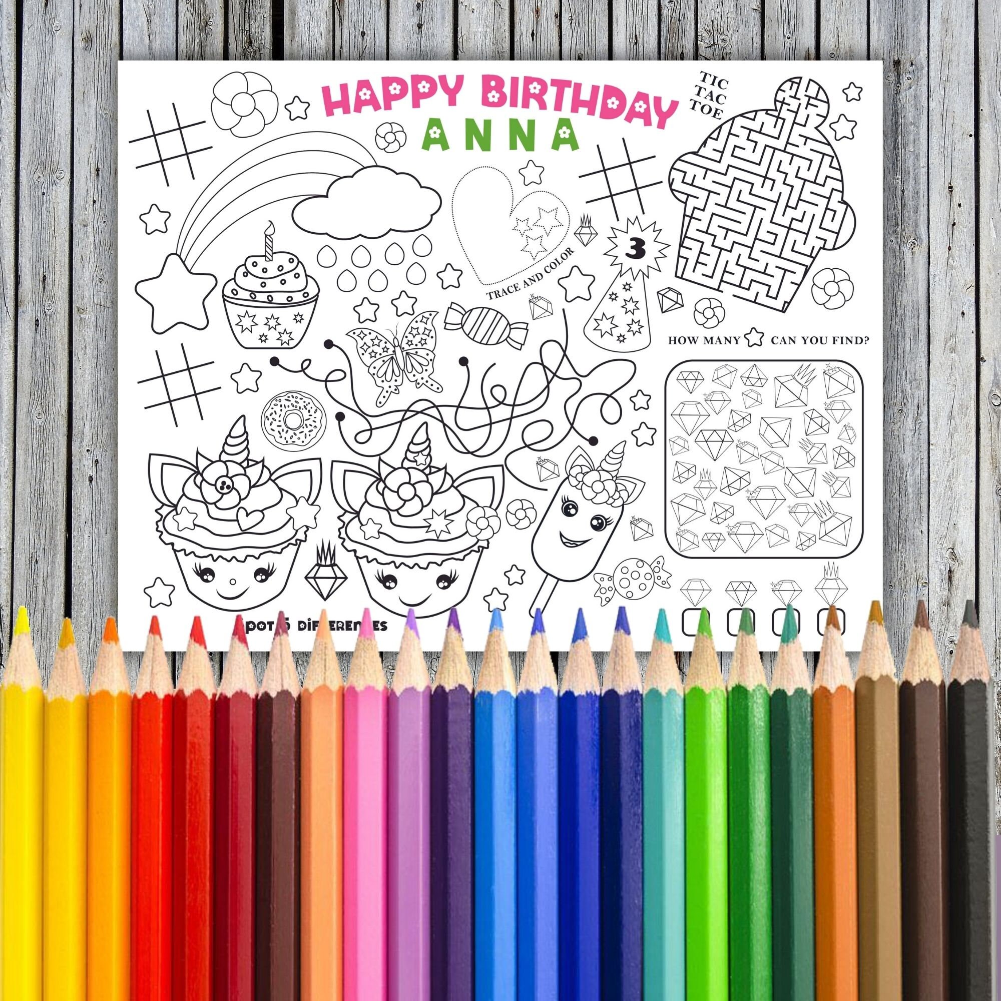 Personalised Unicorn Coloring Placemat Donut Sweet Party Activity Page ...