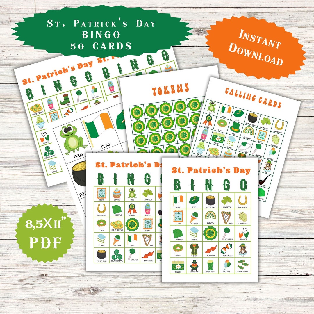50 Unique St. Patrick's Day Bingo Cards Game Paddy Party Family Kid's ...