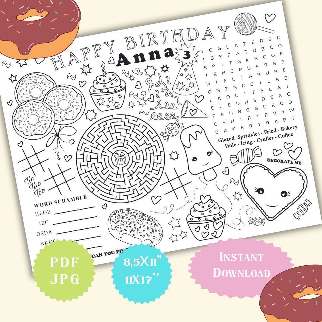 Personalised Donut Sweet Party Activity Coloring Page, Donut Cake ...