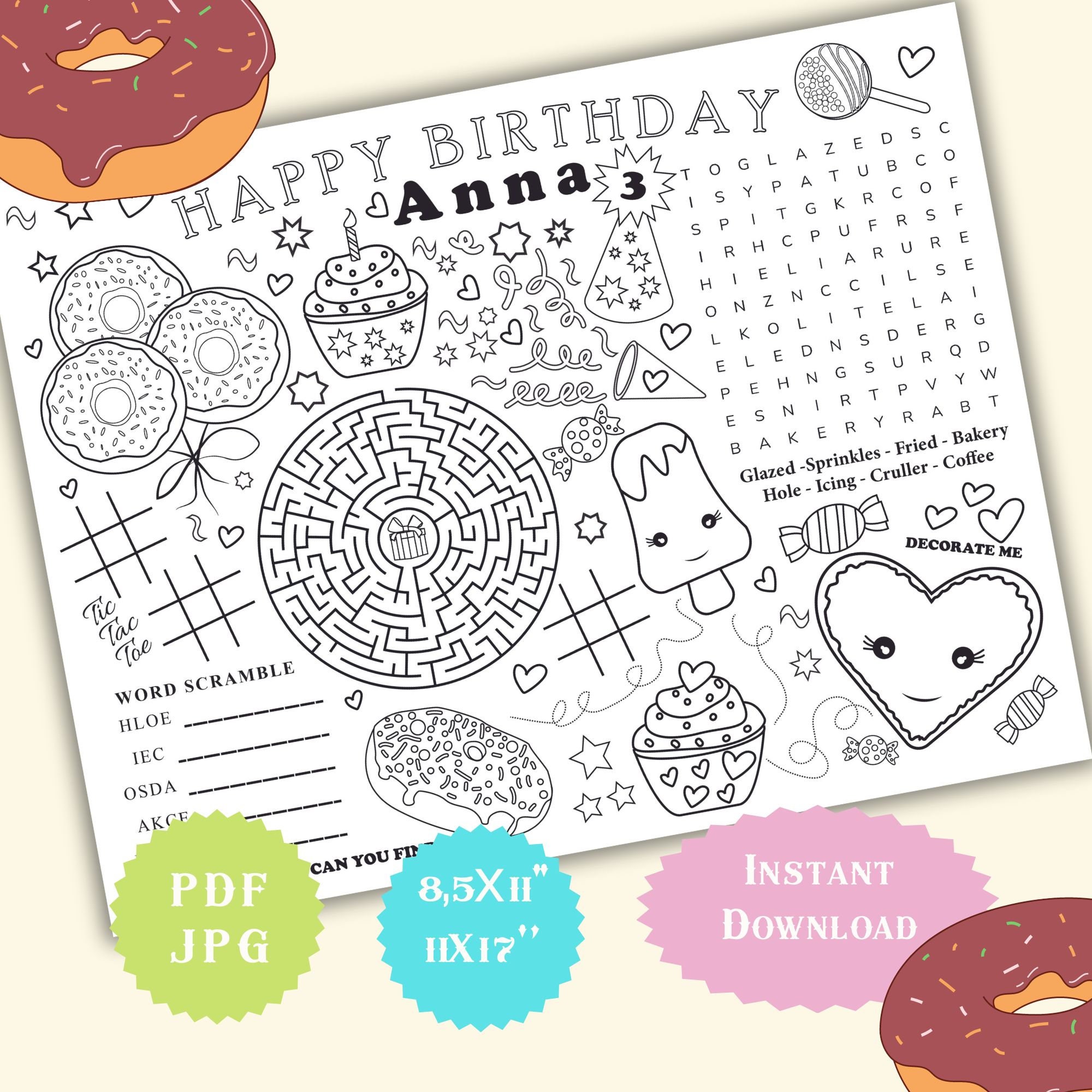 Personalised Donut Sweet Party Activity Coloring Page, Donut Cake ...
