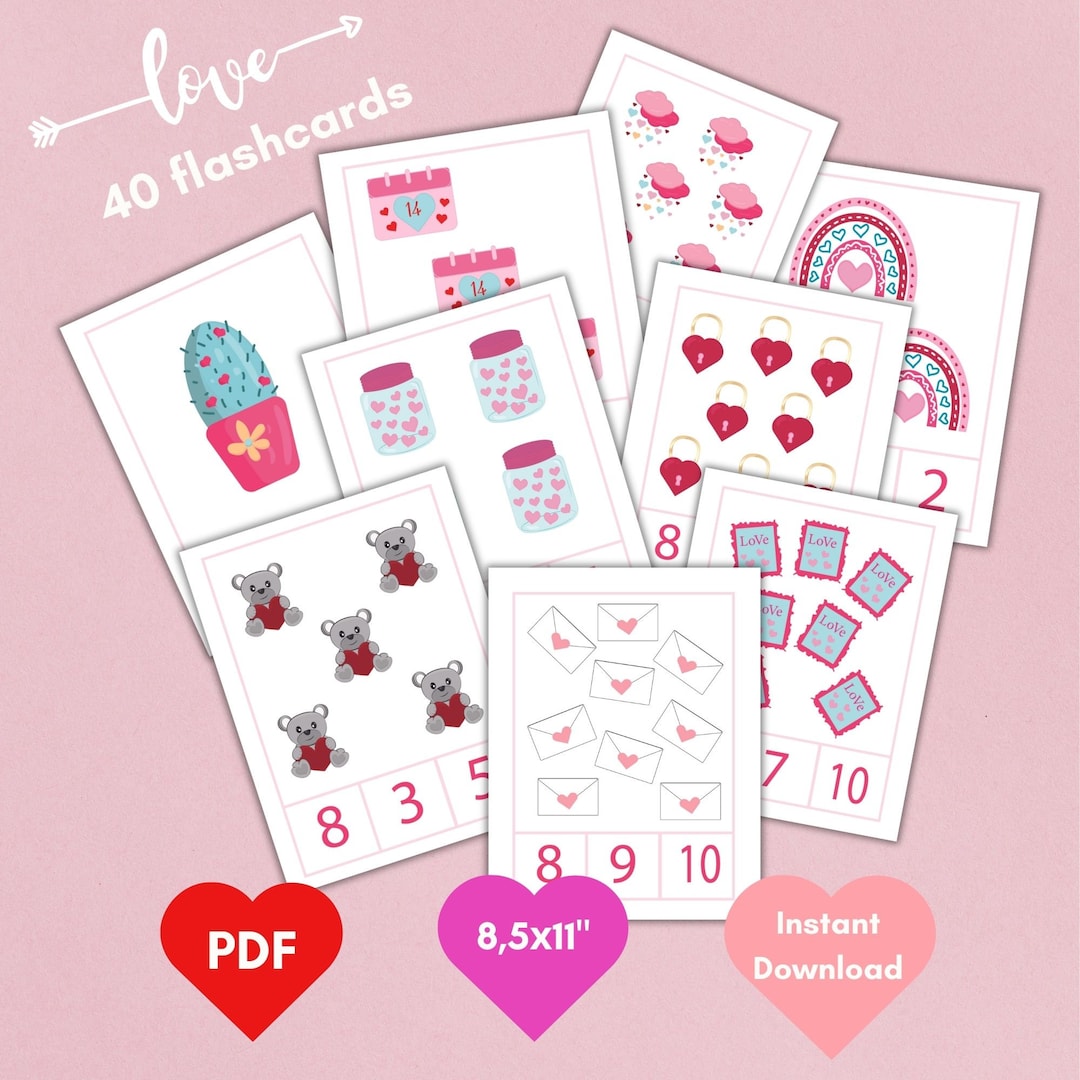 Valentine's Day Hearts Count and Clip Flash Cards, Preschool Montessori ...