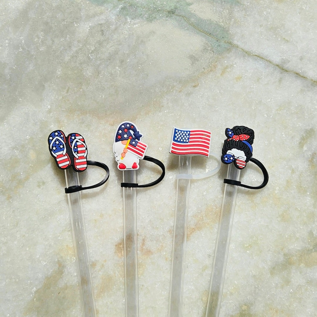 Straw Topper Tumbler USA Flag America Straw Cover Red White Blue Straw ...