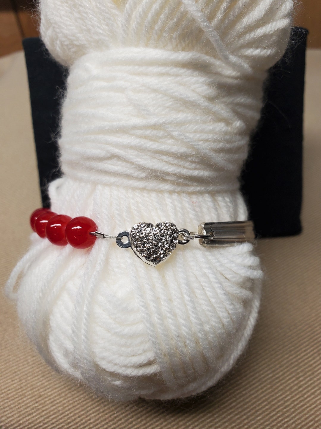 Silverware Jewelry Bracelet, Red Glass Beads, Diamond Heart Magnetic ...