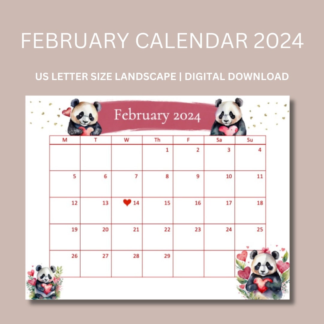February Calendar, Valentine Calendar, Panda Calendar 2024, Printable ...