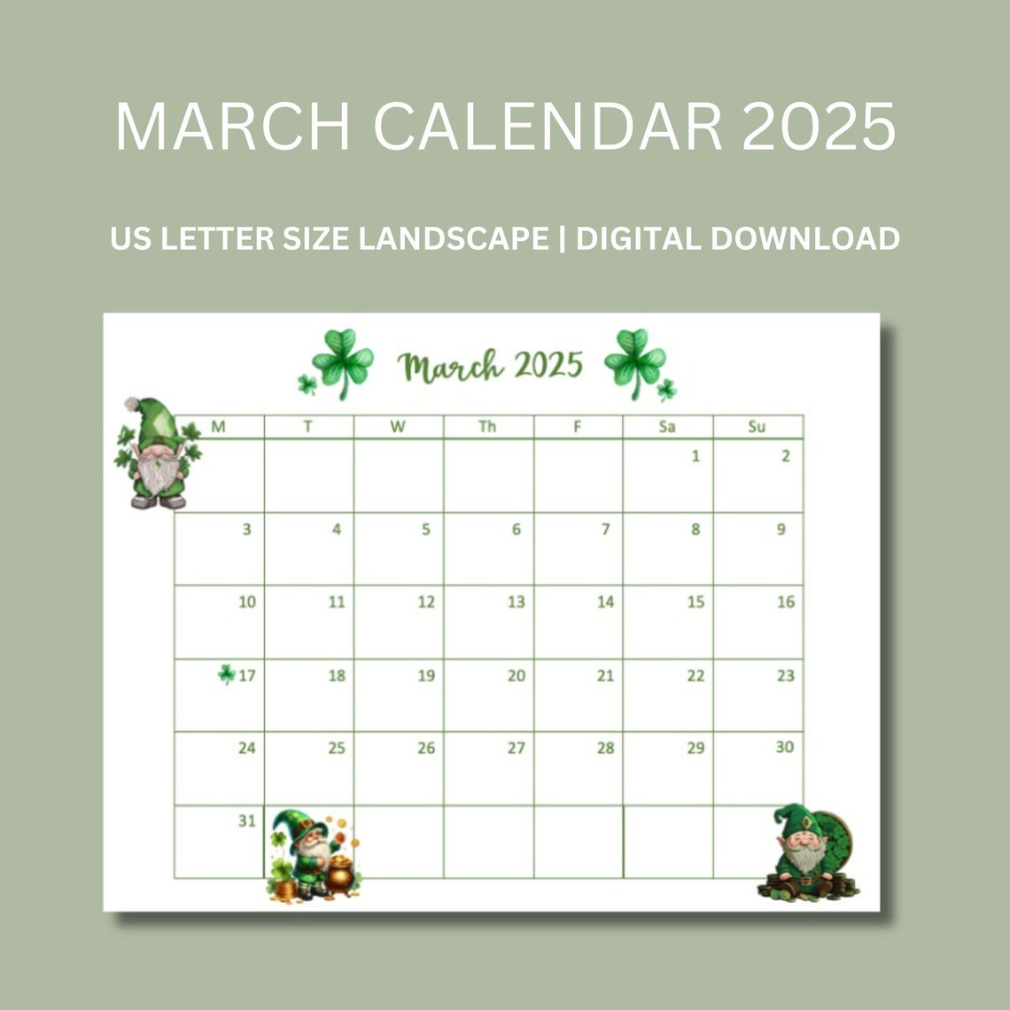 March Calendar, Printable Calendar, Shamrock St Patricks Day, March ...