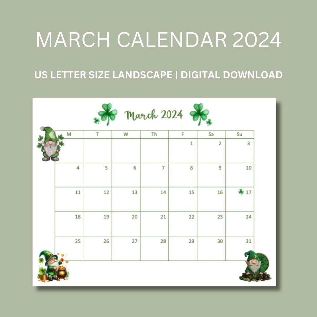 March Calendar, Printable Calendar, Shamrock St Patricks Day, March ...