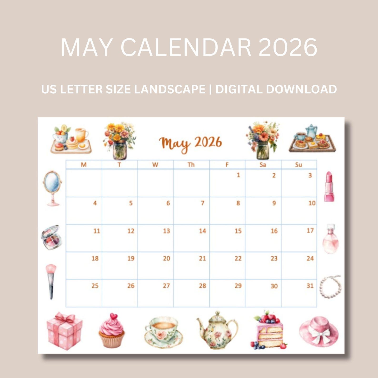 May Calendar 2026, Calendar 2026, Monday Start Calendar, Landscape ...