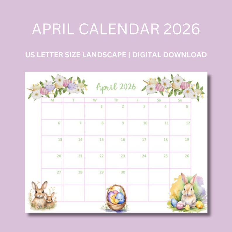 April Calendar, 2026 Calendar, Easter Calendar, Spring Planner, Happy ...