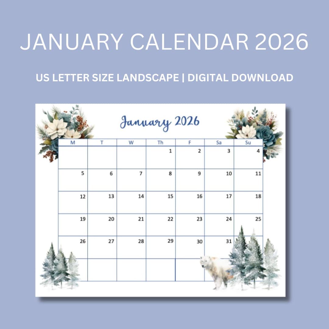 January Calendar, Printable Calendar, 2026 Calendar, 2026 Monthly Calendar, Monday Start ...
