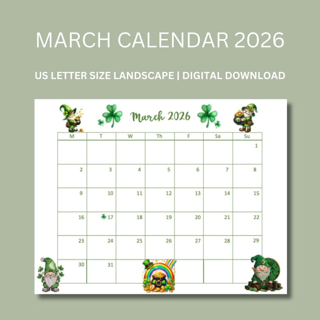 March Calendar, Printable Calendar, Shamrock St Patricks Day, March ...