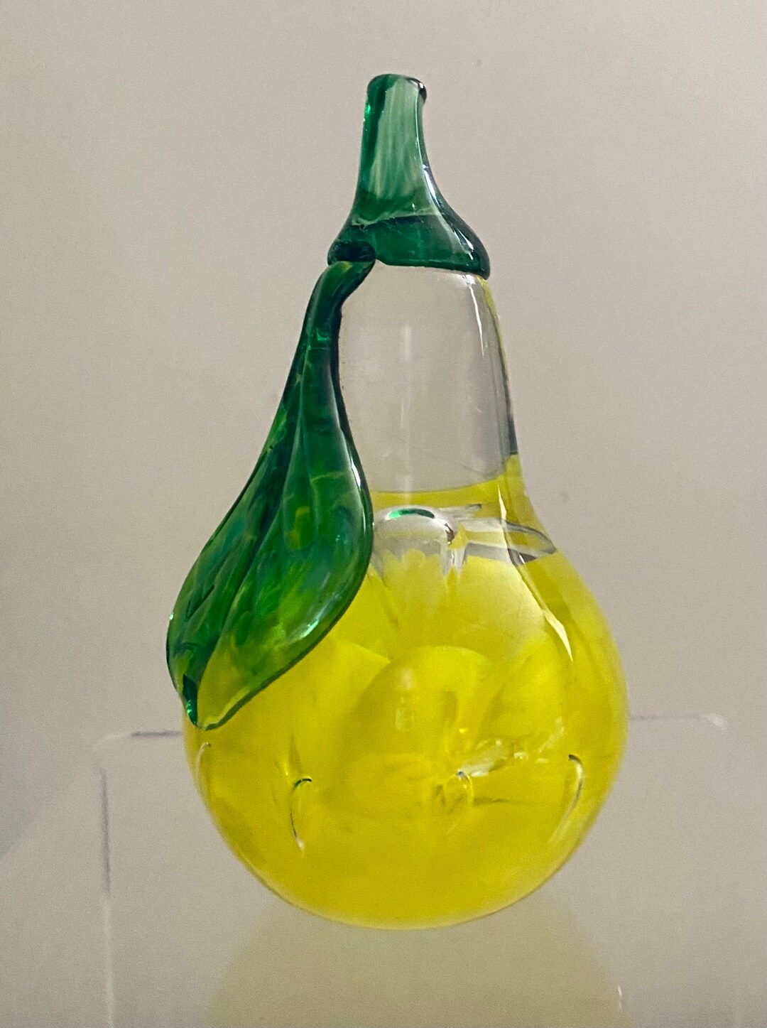 JOE RICE Glass Pear Paperweight Vibrant Yellow & Green Handcrafted in ...