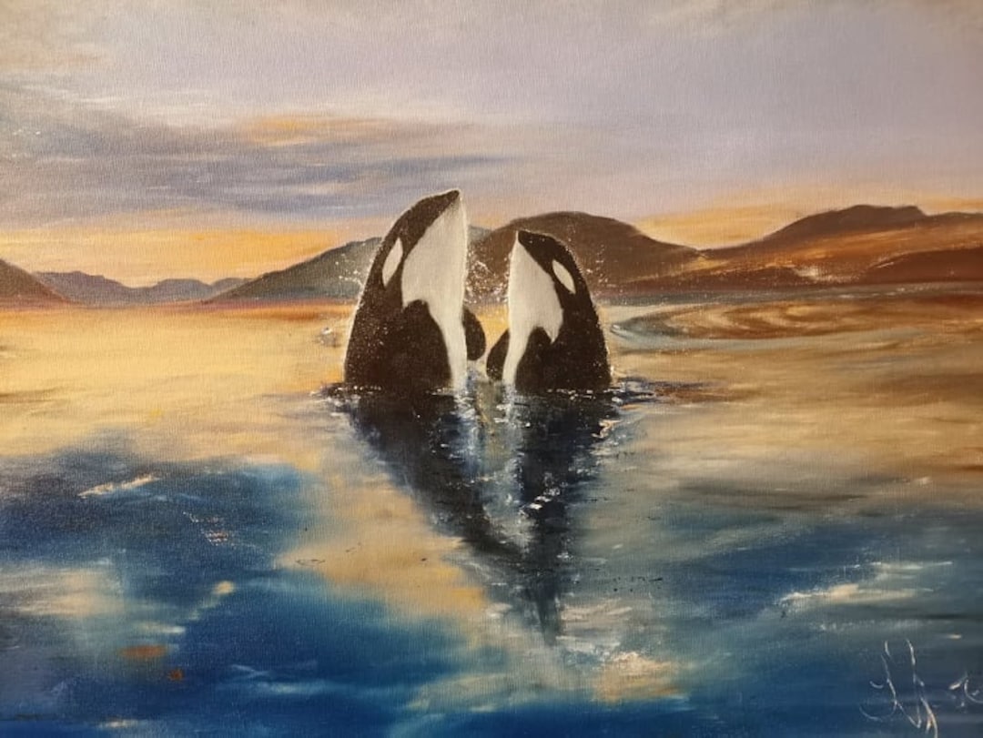 Happiness Original Killer Whale Oil Painting in Canvas Ocean Landscape ...