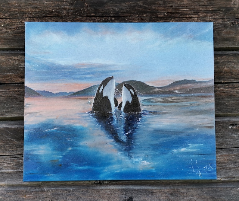 Happiness Original Killer Whale Oil Painting in Canvas Ocean Landscape ...