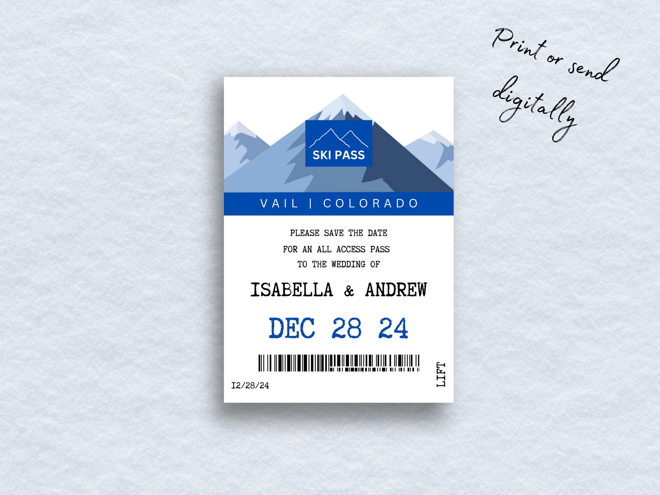 Lift Ticket Save the Date Wedding Invitation Template Canva, Ski Theme ...
