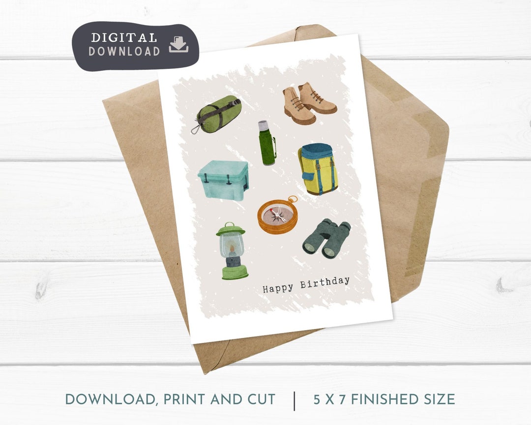 Happy Birthday Hiker Card Printable Card PDF, Blank Hiking and Camping ...
