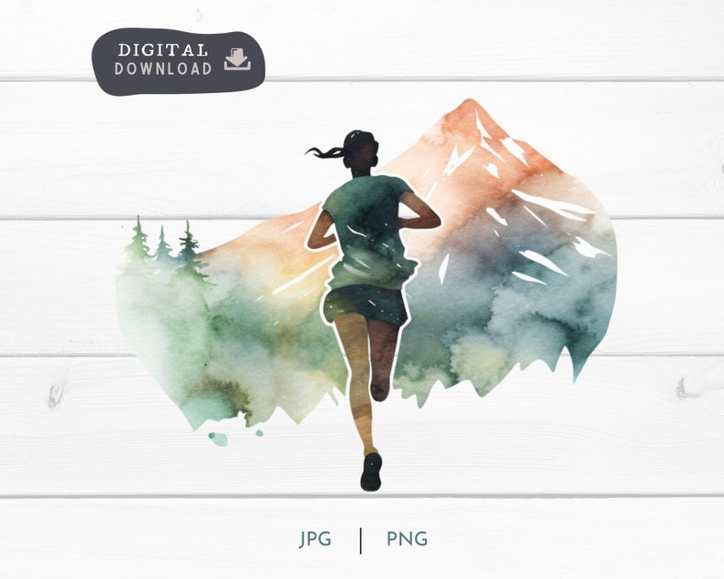 Watercolor Woman Runner Digital Download PNG and JPG, Adventure and ...
