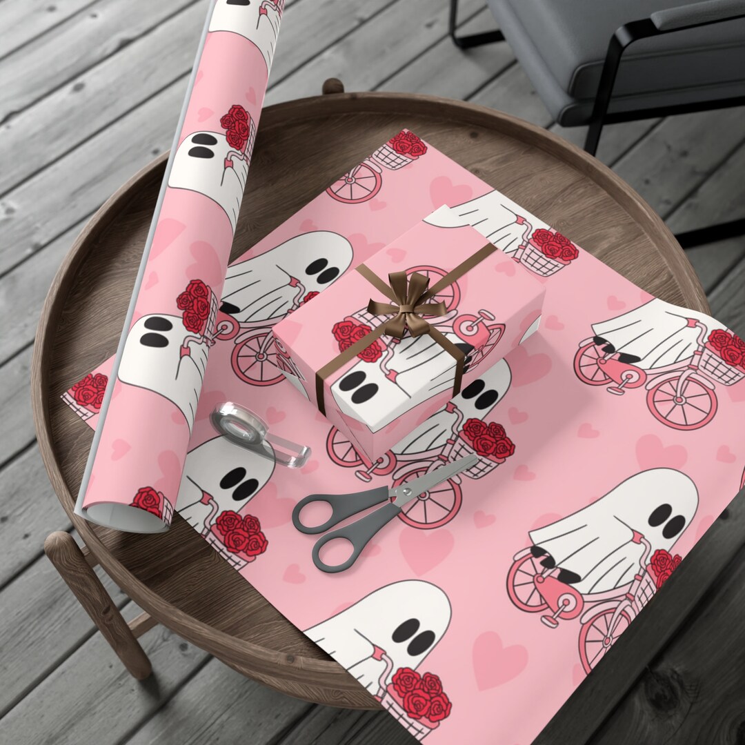 Cute Ghost Wrapping Paper Ghost on Bike Rose Bouquet Gift Wrap Papers ...