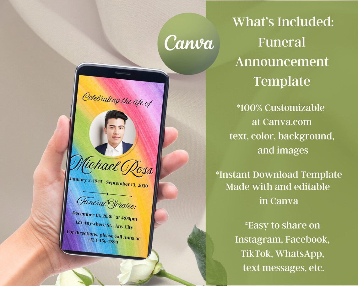 Colorful Rainbow Celebration of Life Funeral Announcement Template ...